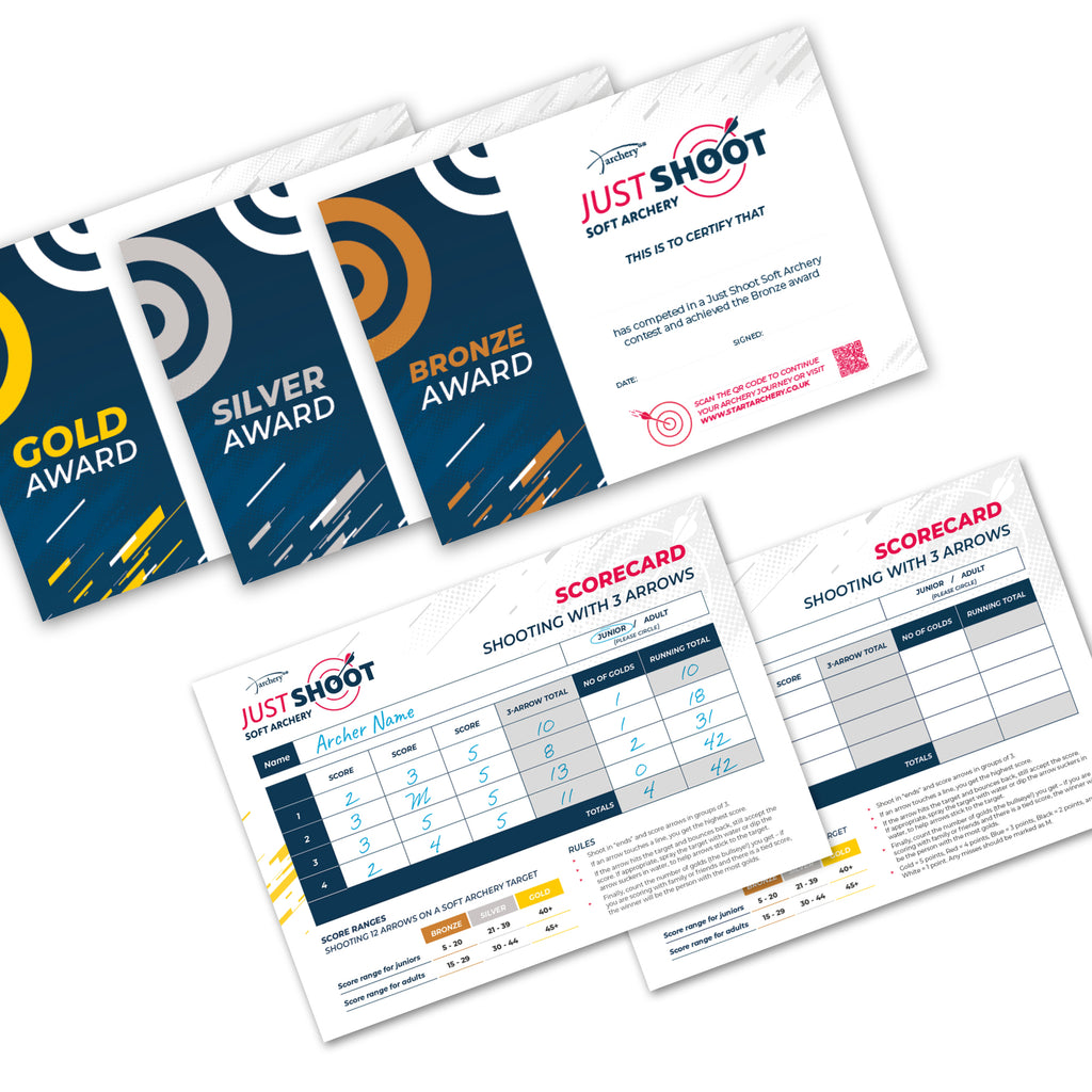Just Shoot Soft Archery Certificates & Scorecard Pack – Archery GB
